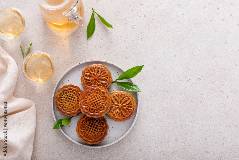Traditional Chinese mooncakes for mid autumn festival with egg yolk and ...