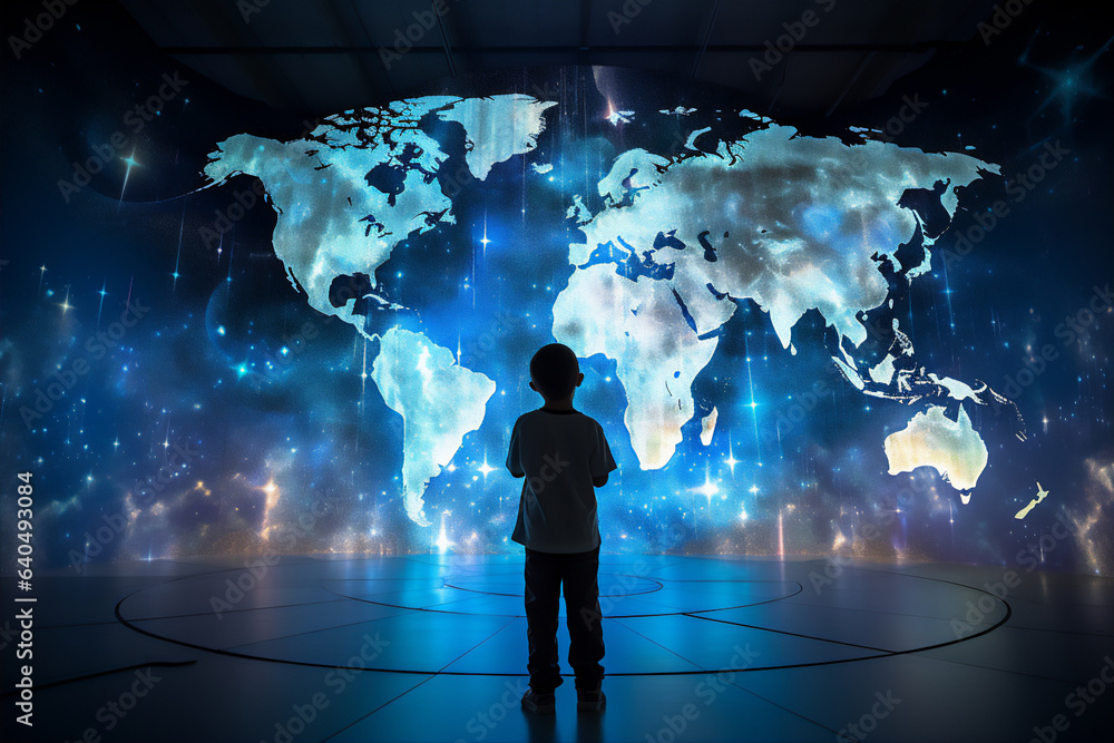 Ilustración de Stock a child standing in front vertical glowing world ...