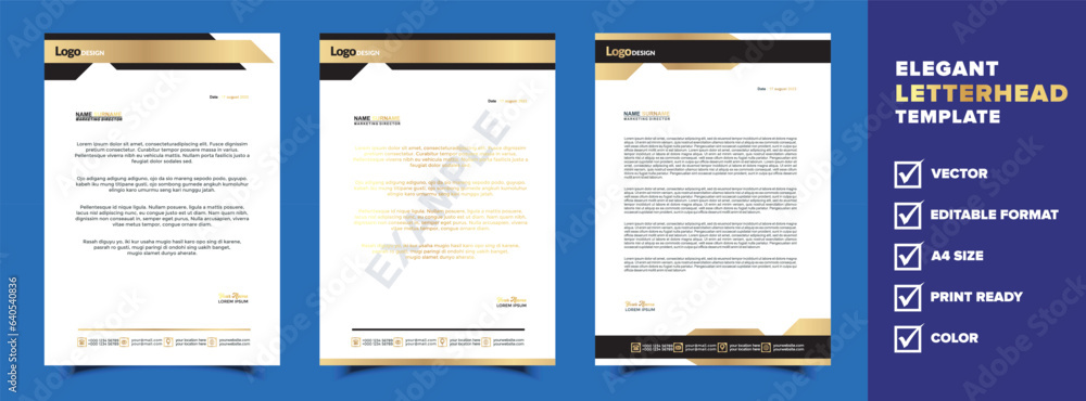 gold luxury letterhead design template, modern flier, corporate company ...