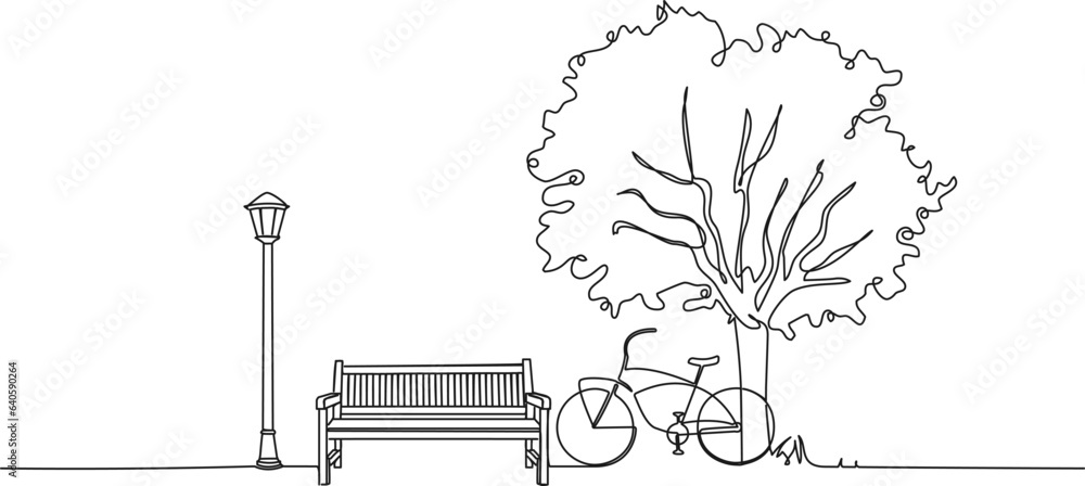 continuous single line drawing of bench under tree in public park, line ...
