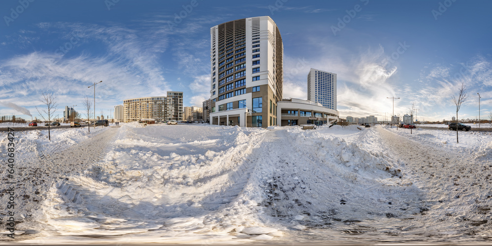 full seamless spherical winter hdri panorama 360 near skyscraper ...