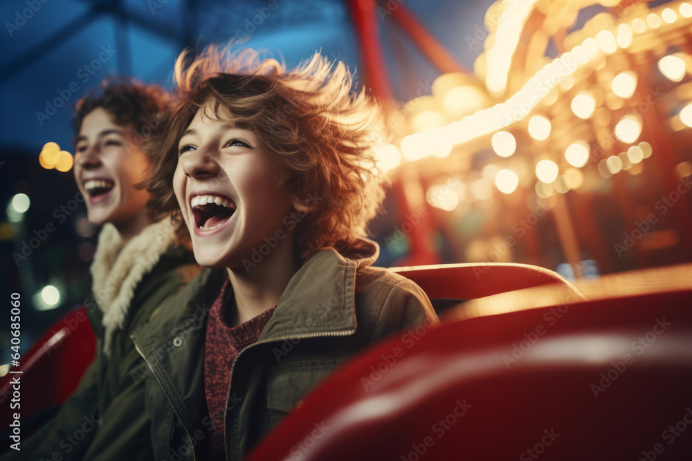 Excited teenage children laughing and riding a carousel carnival ride ...