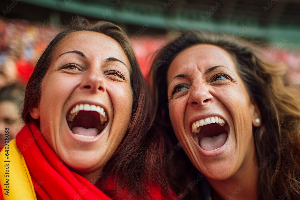 Spanish female soccer fans in a World Cup stadium celebrating Spanish ...