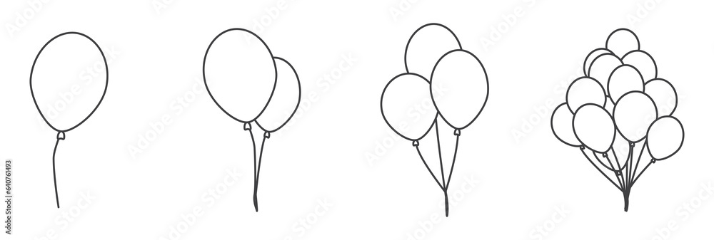 Set of vector illustration of balloons icons, use black color with line ...