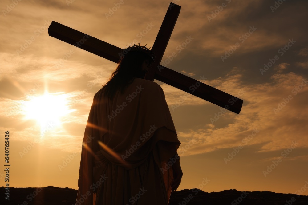 Jesus Christ holding the cross at sunset Stock Illustration | Adobe Stock