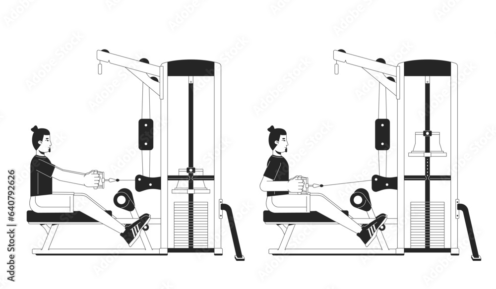 Muscle building with seated row machine bw vector spot illustration ...