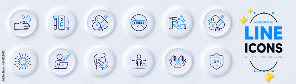 Vitamin k, Coronavirus and Social distance line icons for web app. Pack ...