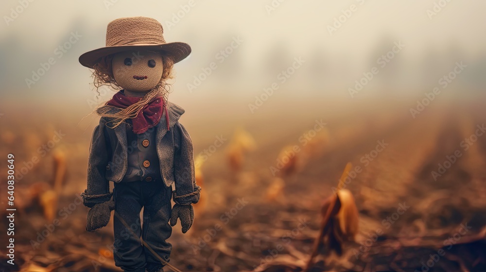 Scarecrow, hay man standing in an autumnal, foggy field, booh! Scaring ...