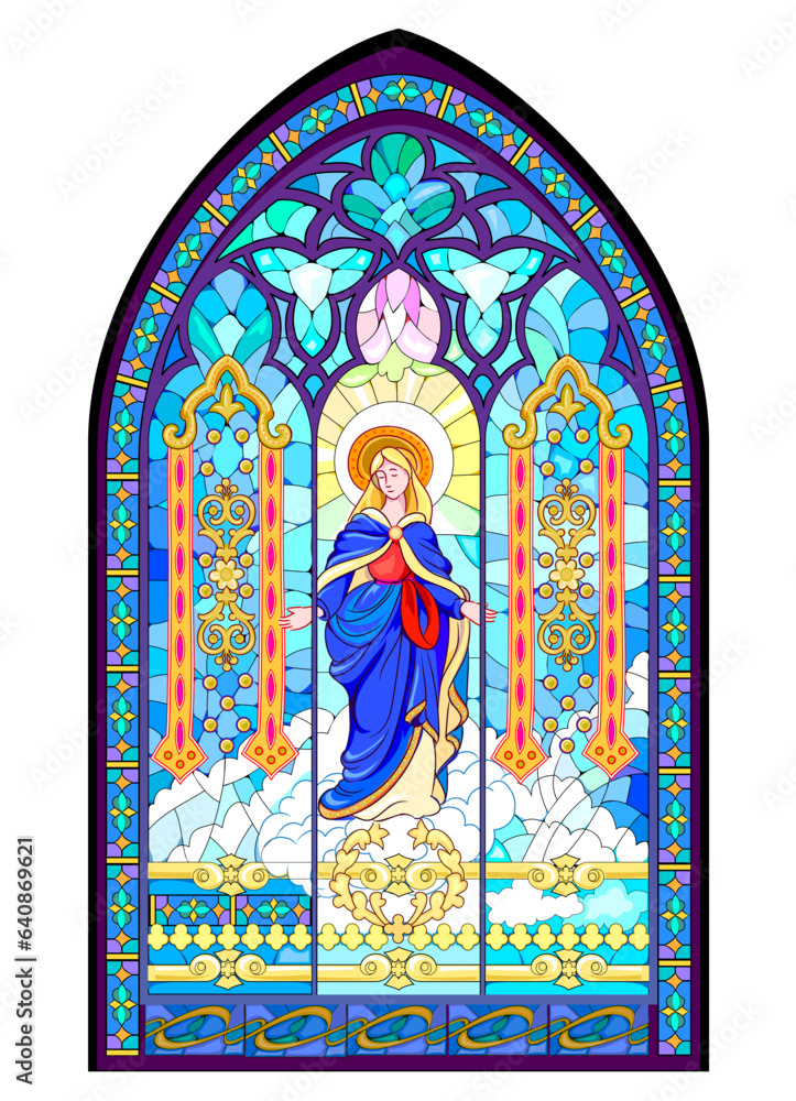 Beautiful colorful medieval stained glass window. Gothic architectural ...