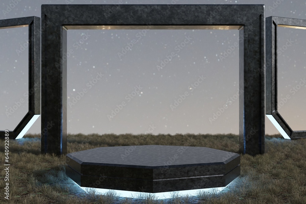 Dark interior concentrate room with fog and mist. industrial wall and ...