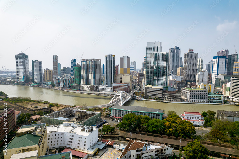 Manila, Philippines - Aerial of the Binondo skyline and the Pasig river ...
