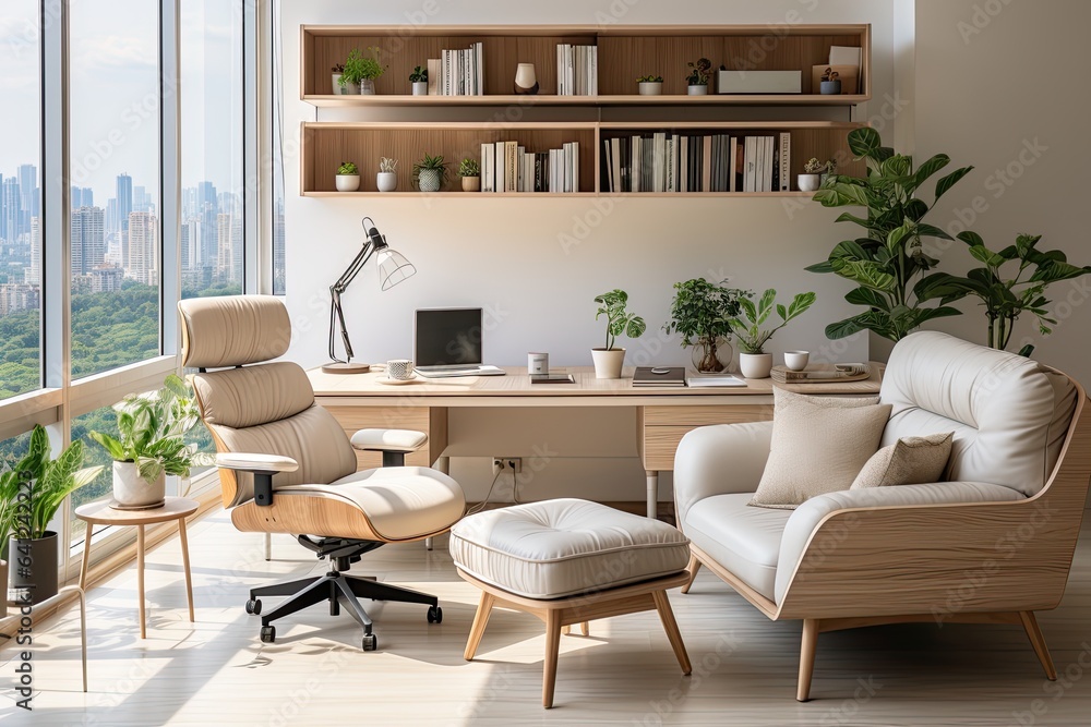 Cozy psychologist's office with sofa and armchairs and bright white ...