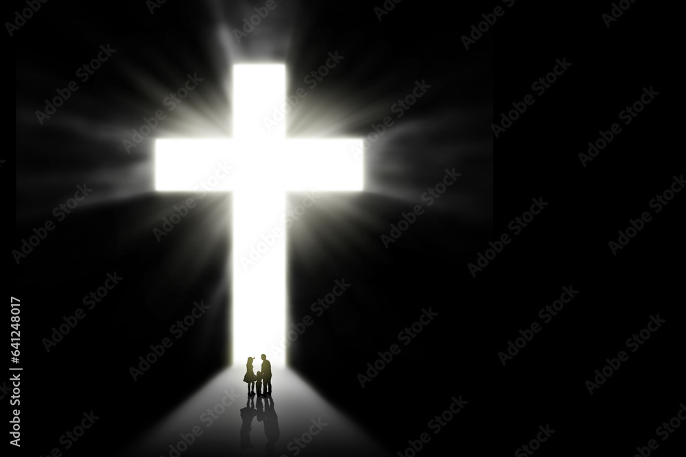 Christian family standing walking towards a huge Cross of Jesus Stock ...