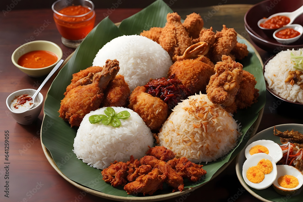 a traditional indonesia curry paste rice dish served with various side ...