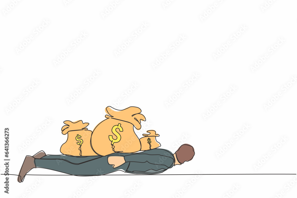 Continuous one line drawing of depressed businessman under heavy money ...