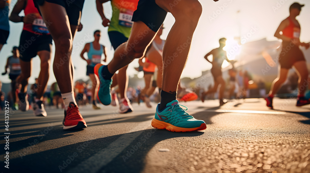 Foto de Stock A group of men runners running in a road race, marathon ...
