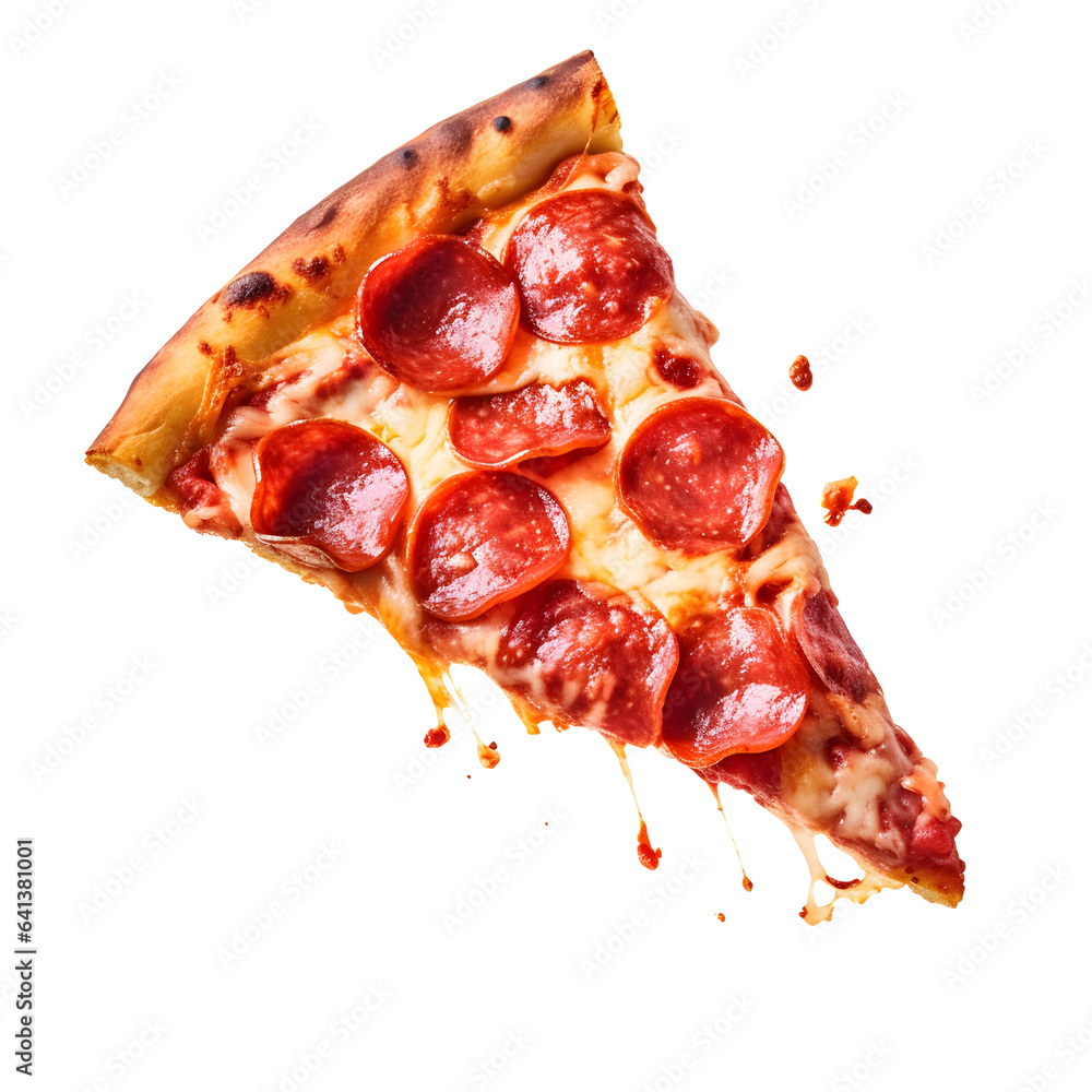 Slice of pepperoni pizza flying isolated on transparent background ...