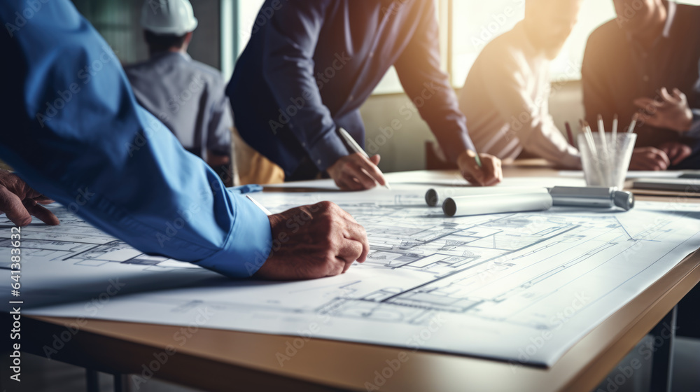 Team of architects and engineers study a blueprint of the future ...
