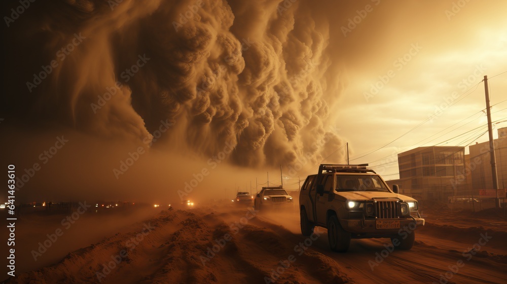 Sandstorm, sand is blown away by a strong wind. Concept: evacuation of ...