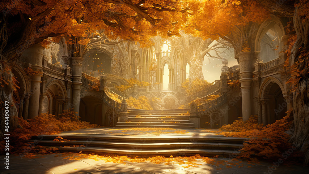 Ancient elven temple surrounded by golden leaves and trees, video game ...