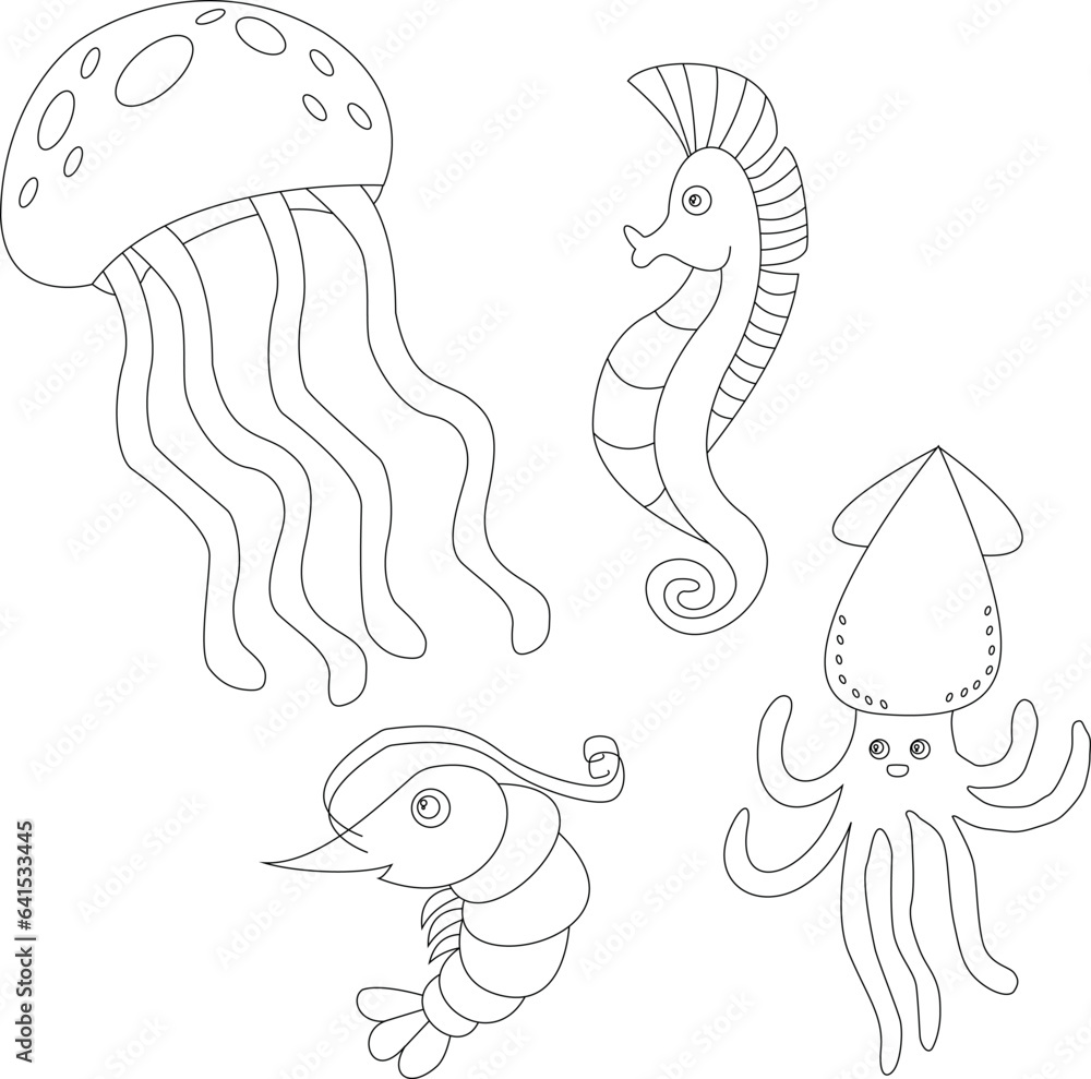outline sea animals clipart set in cartoon style. includes 4 ocean ...