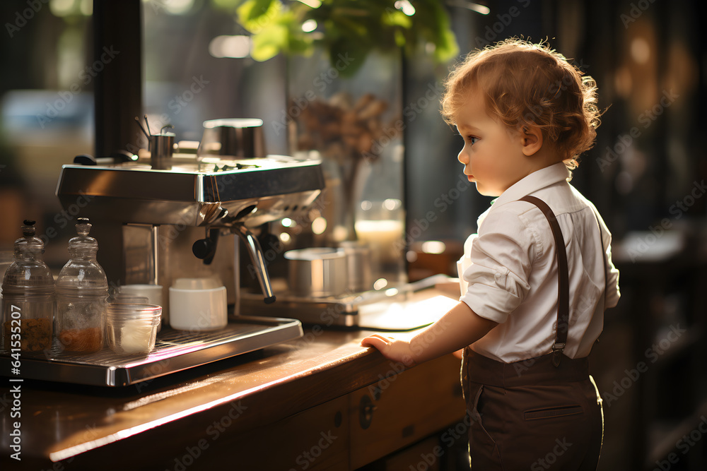 Kid boy barista in apron making coffee stand by the counter in a coffee ...