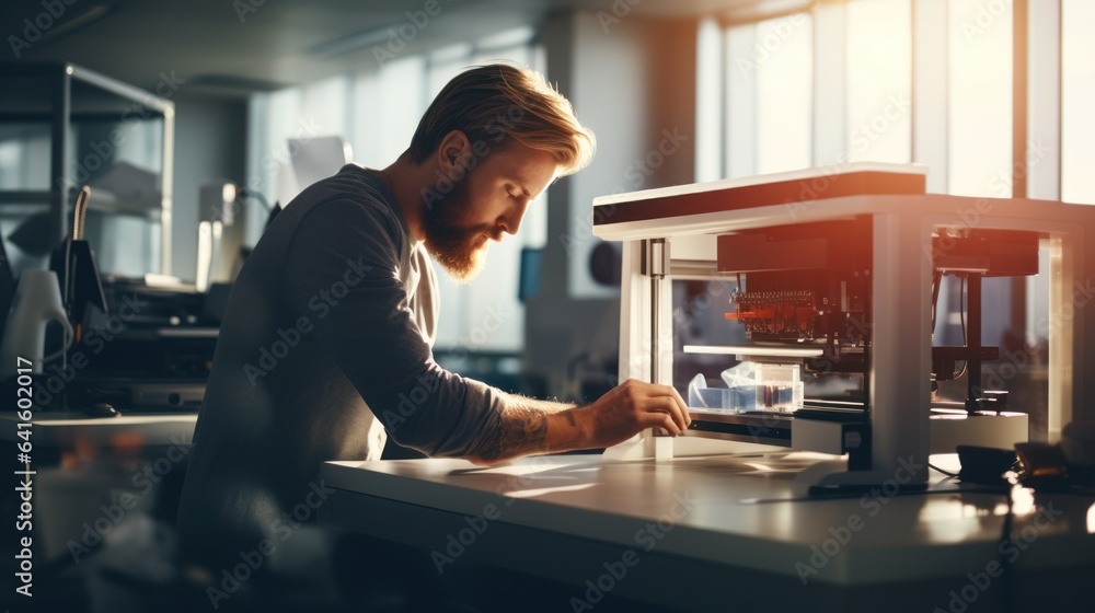 Stock-Foto „An engineer prints a prototype model on a 3d printer in a ...