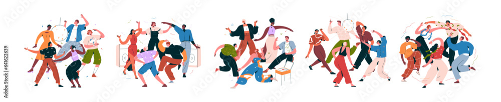Happy people dancing at night party set. Young friends groups at disco ...