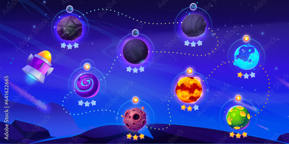 Ui level map for galaxy space game vector cartoon. Fantasy background ...