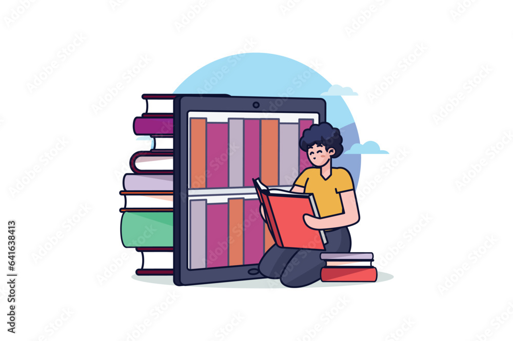 E-books concept with people scene in the flat cartoon design. The guy ...