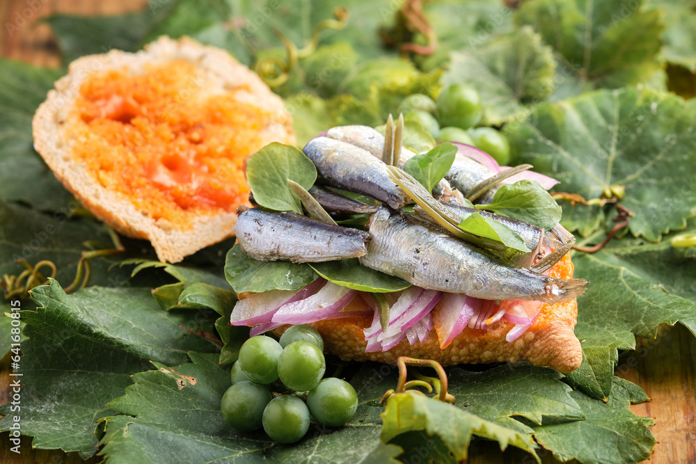 Open harvest sandwich with sardines, meat and different vegetabl Stock ...