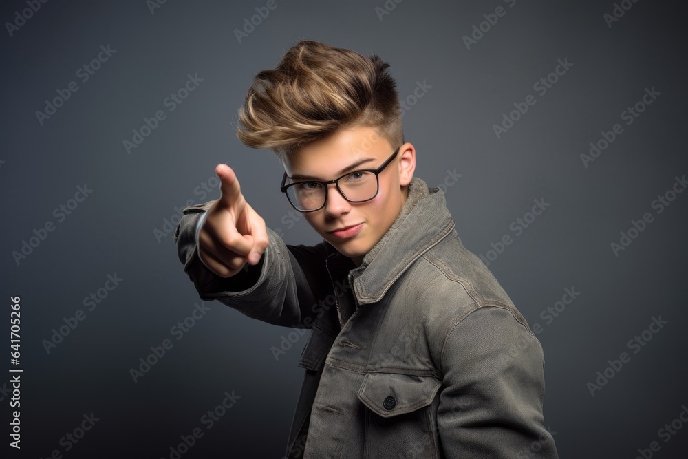 Lifestyle portrait photography of a satisfied boy in his 20s pointing ...