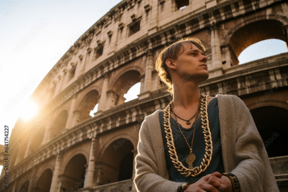 Environmental portrait photography of a glad boy in his 30s placing ...
