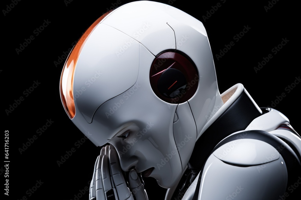 White anthropomorphic robot crying on a black background ...