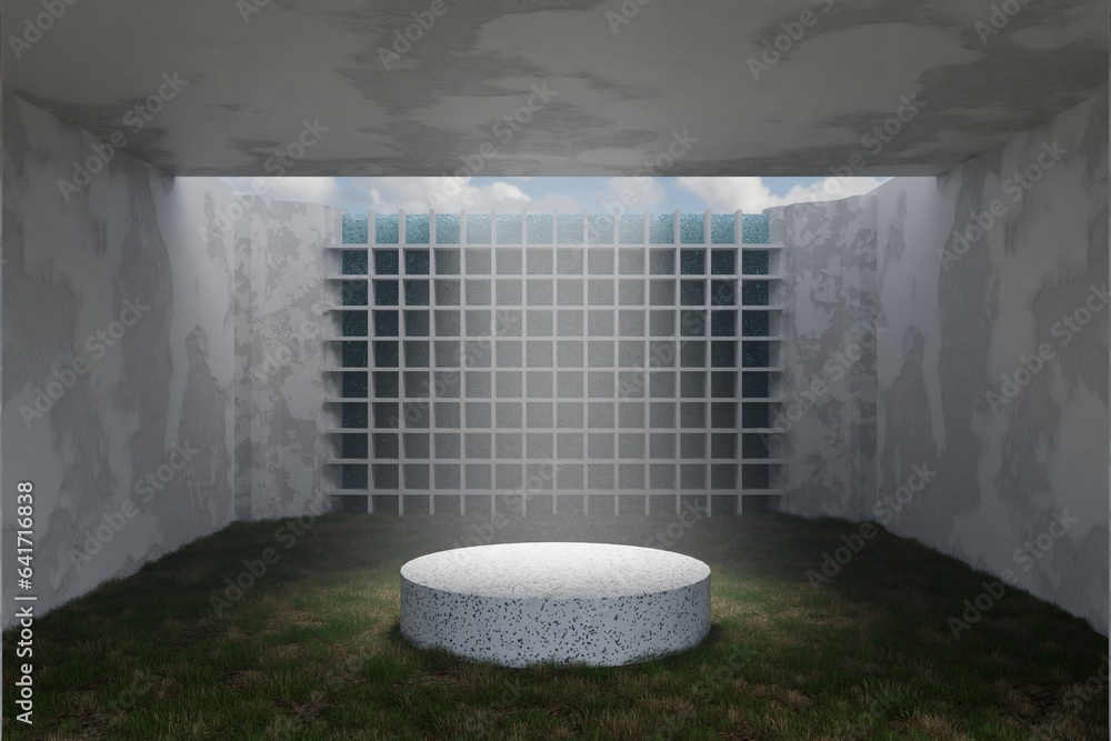 Dark interior concentrate room with fog and mist. industrial wall and ...