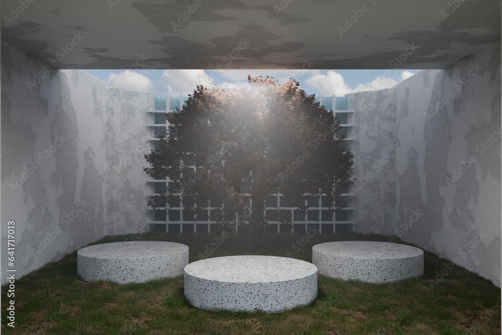 Dark interior concentrate room with fog and mist. industrial wall and ...