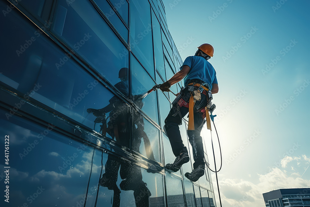Backview of a high - rise window cleaner in sunlight. A male industrial ...