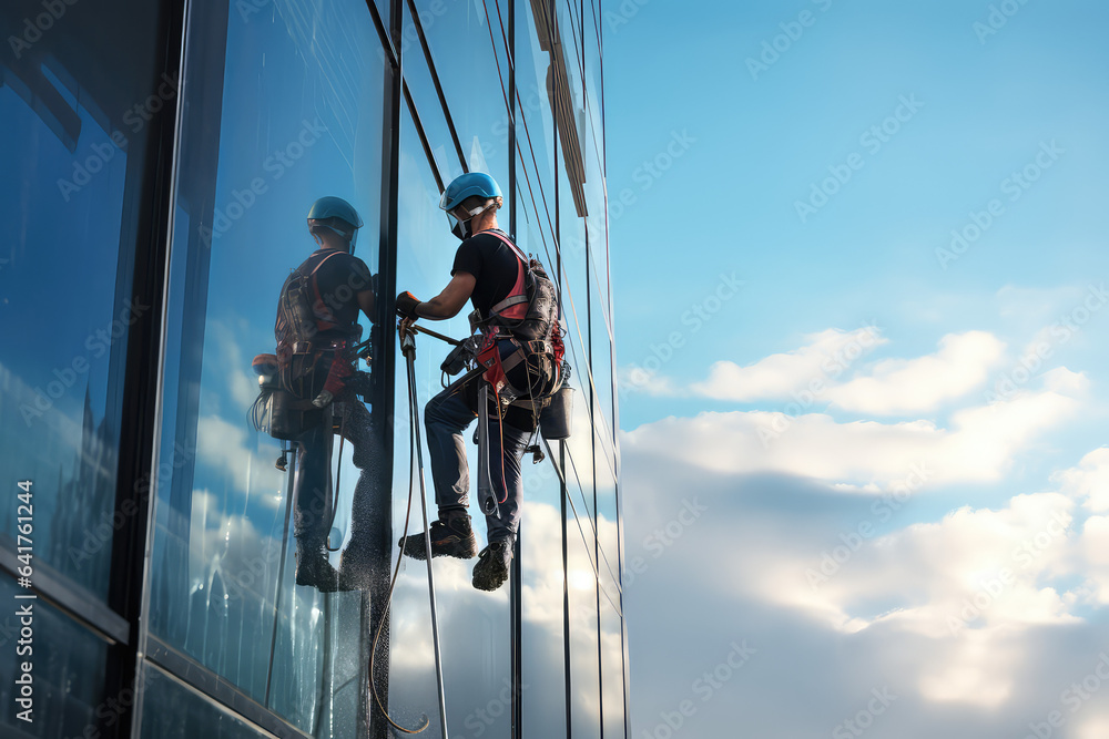 Backview of a high - rise window cleaner in sunlight. A male industrial ...