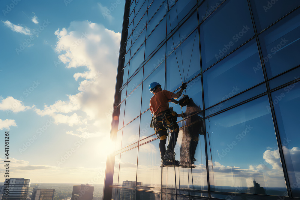 Backview of a high - rise window cleaner in sunlight. A male industrial ...