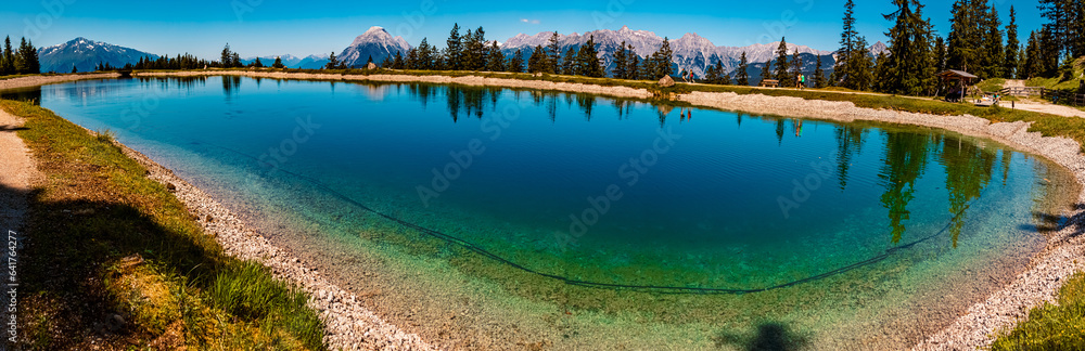 Foto de Stock High resolution stitched alpine summer panorama with ...