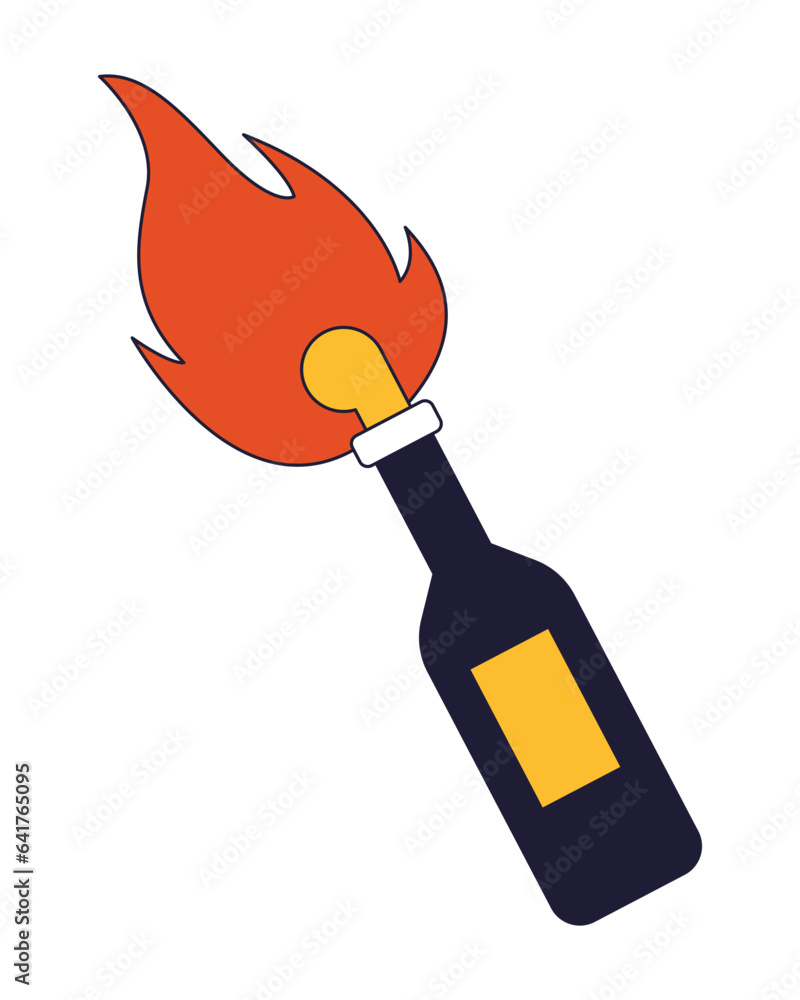 Molotov cocktail flat line color isolated vector object. Bottle with ...