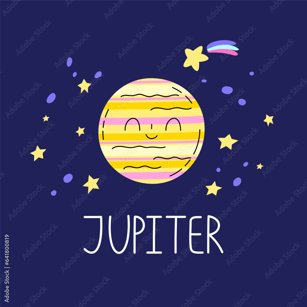 Stock-Vektorgrafik „The Planet with name Jupiter. Cute celestial body ...