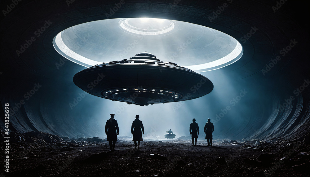 silhouette of soldiers and military personel inside round underground ...