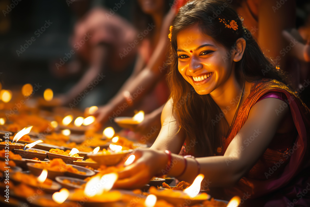Indian women wearing traditional dress lighting diya lamps at temple on ...