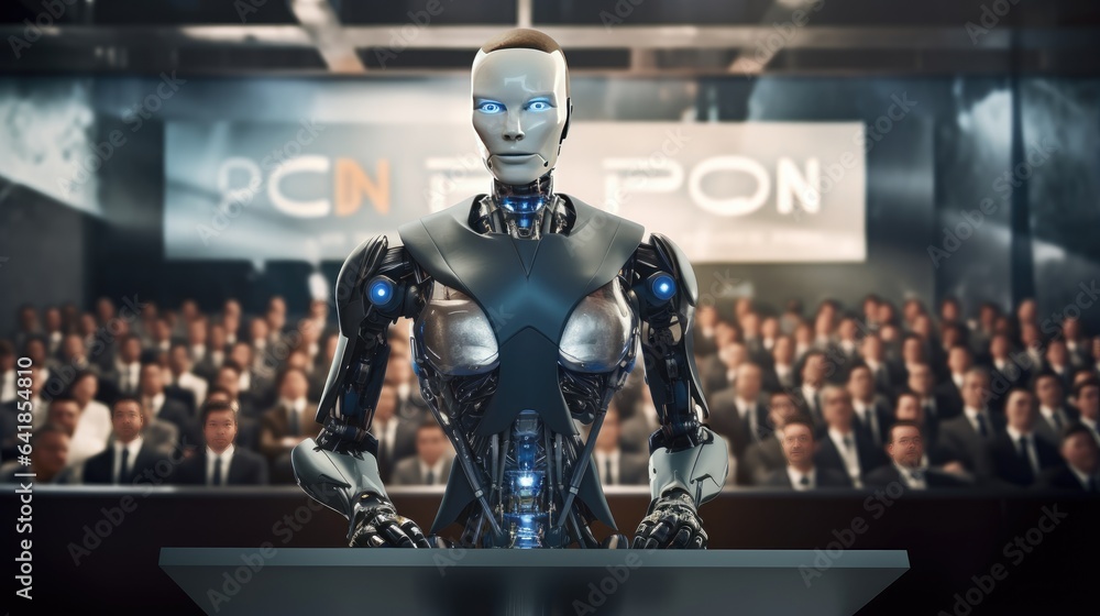 robot standing behind a podium at a press conference, Artificial ...