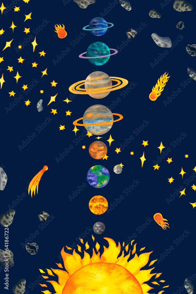 Watercolor cosmos poster with planets of the solar system mercury ...