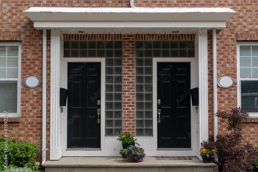 Two black metal doors with flower pots on the steps of duplex houses ...