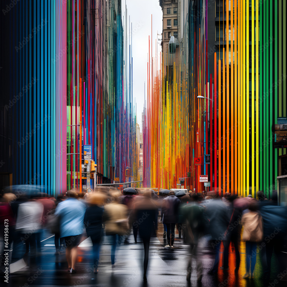 photograh of busy street in New York, front view, people walking to ...