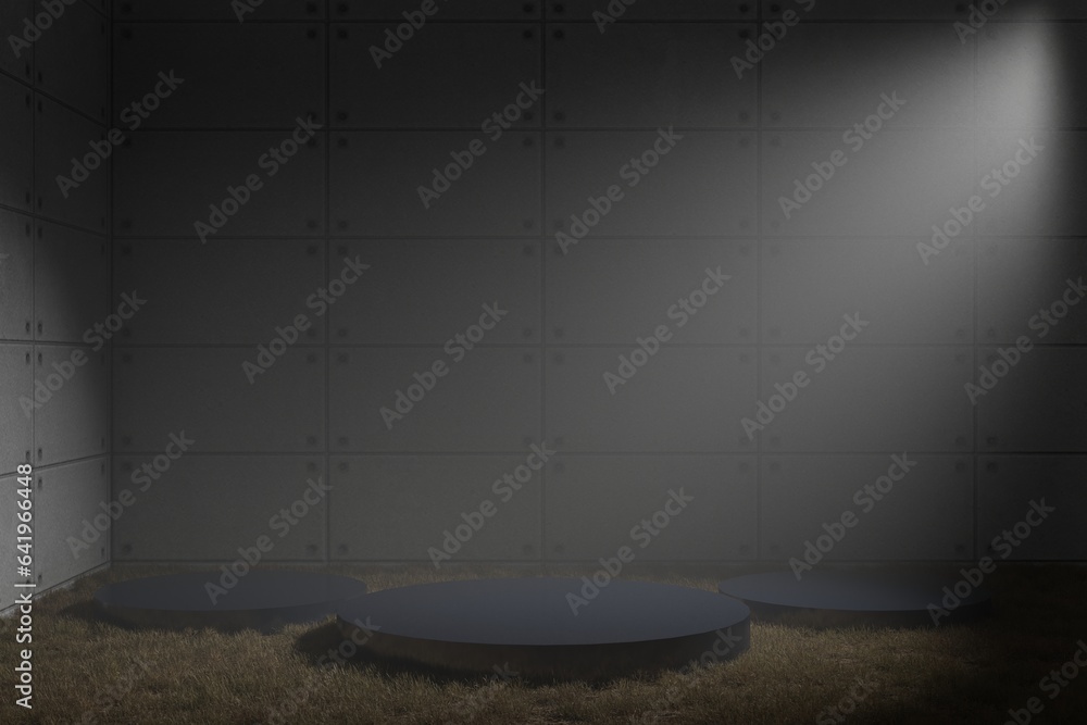 Dark interior concentrate room with fog and mist. industrial wall and ...