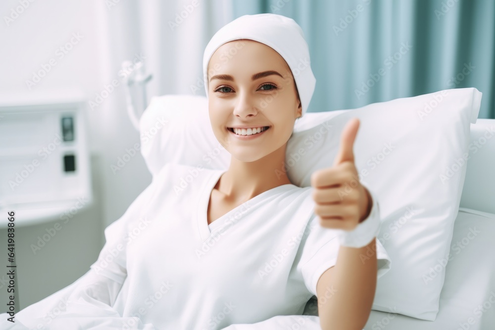 Female cancer patient lying on a hospital bed. Cheerful woman cancer ...